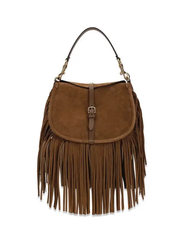 Etro Medium Suede Shoulder Bag With Fringe And Buckle Detail - Brown