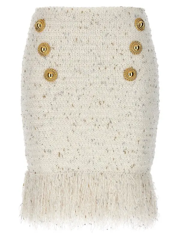 Balmain Fringed Tweed Skirt With Sequins And Gold Tone Logo Buttons - White