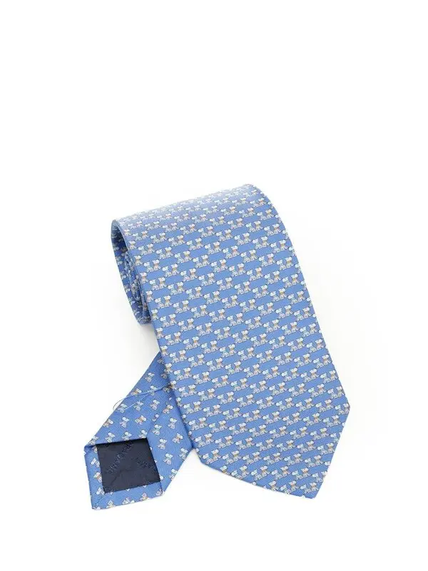 FERRAGAMO Silk Neck Tie With Micro-pattern Print - Blue