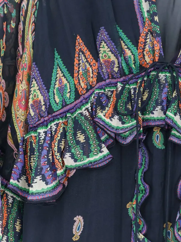 Etro Silk Long Dress With Flared 3/4 Sleeves And Ruffled Bottom