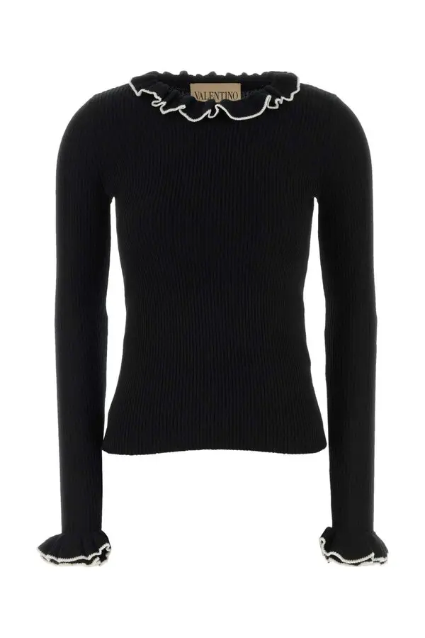 Valentino Garavani Wool Ribbed Knit Ruffled Sweater - Black