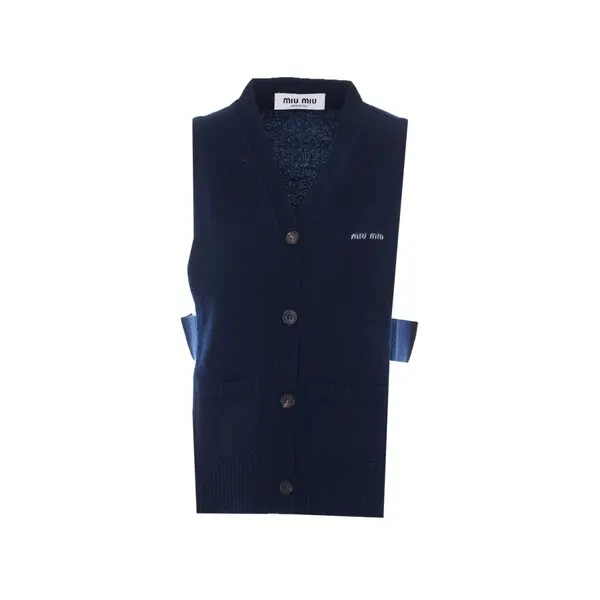 Miu Miu Embroidered Logo V-neck Cashmere Vest - Blue