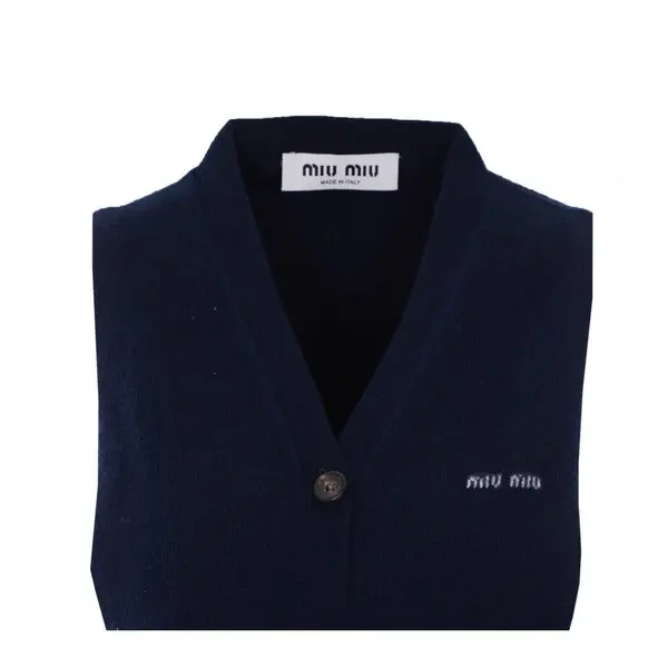 Miu Miu Embroidered Logo V-neck Cashmere Vest - Blue