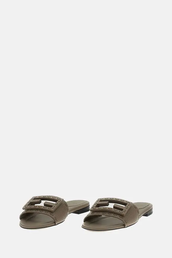 Fendi Leather Slides With Ff Baguette Motif - Multicolor
