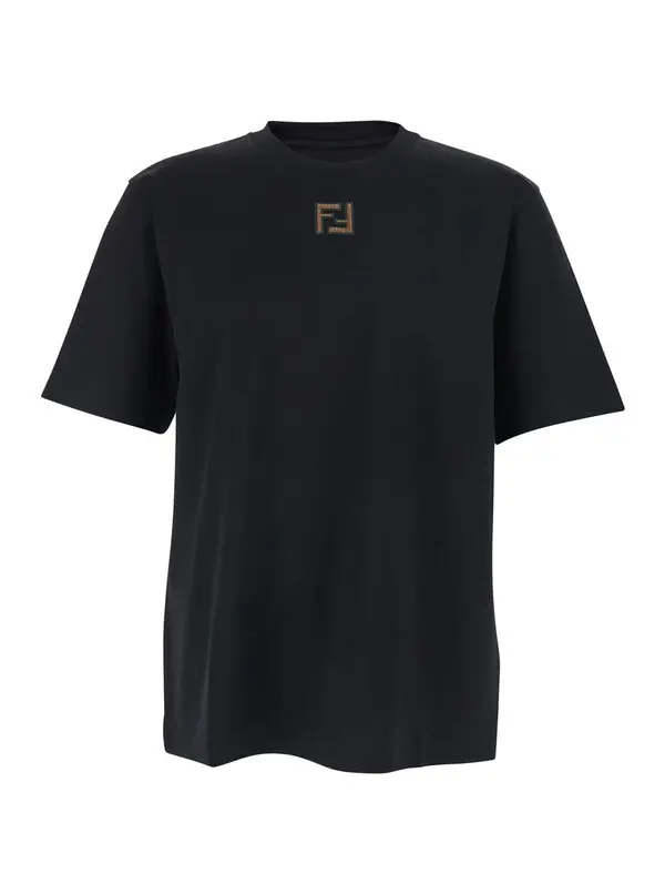 Fendi Crewneck T-shirt With Ff Embroidery On The Front In Cotton - Black