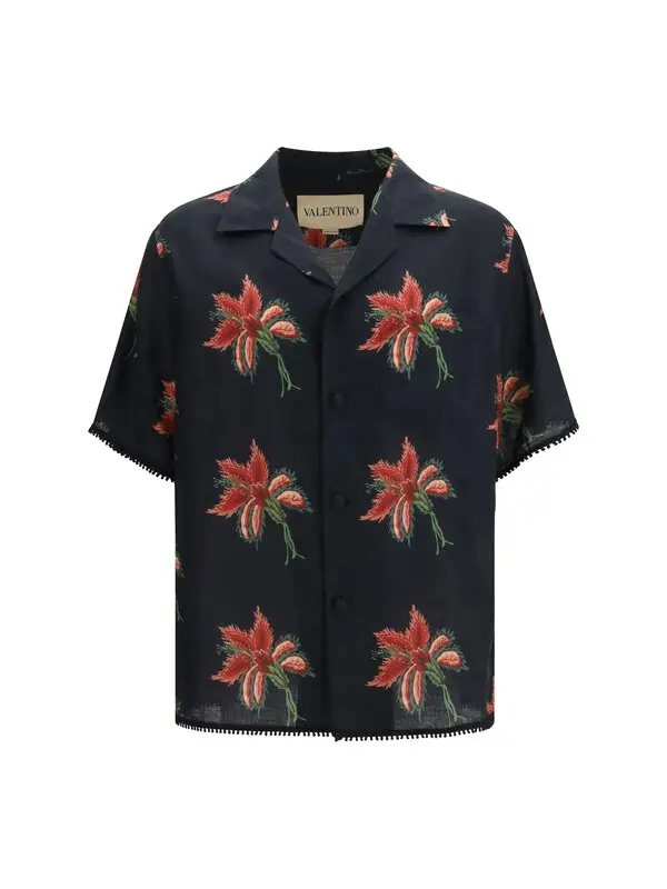 Valentino Garavani Papier Floral Print Linen Bowling Shirt - Black