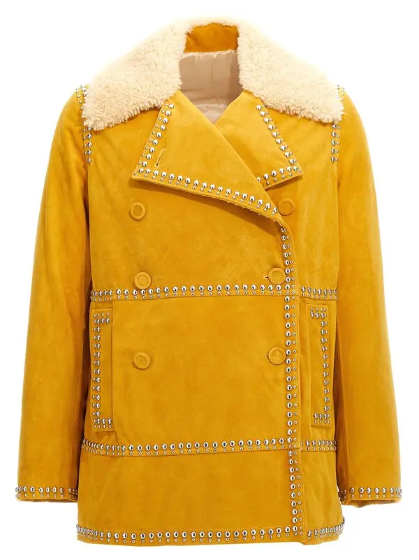WALES BONNER Time' Double-breasted Suede Jacket With Stud Embellishments - Yellow