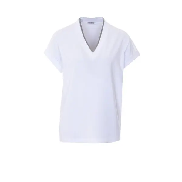 Brunello Cucinelli Monile Embellished V-neck T-shirt - White