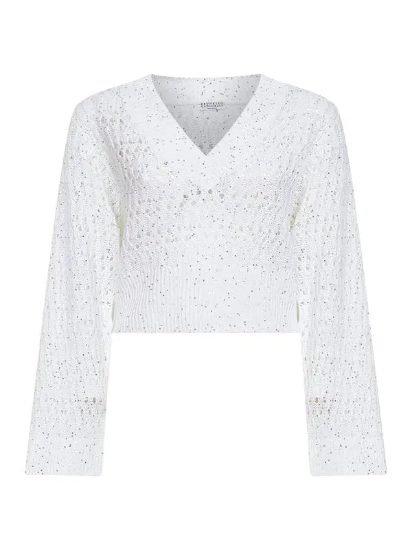 Brunello Cucinelli White Linen Sequin Embellished Openwork Knit Sweater - Multicolor