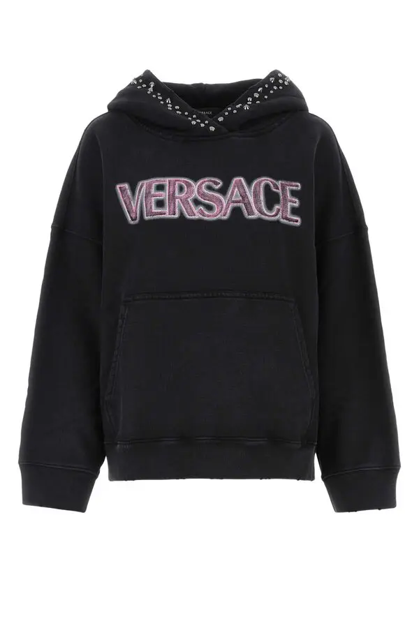 Versace Cotton Oversize Sweatshirt With Embellished Hood - Black