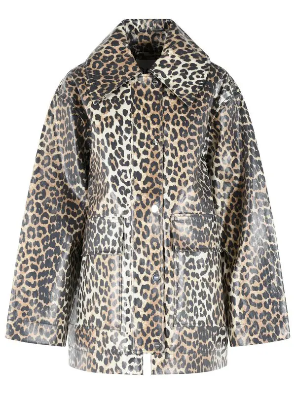 GANNI Leopard Print Cotton Blend Jacket - Brown