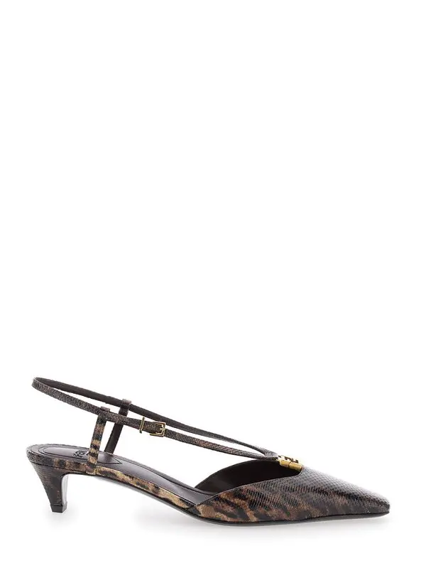 Fendi Leather Slingback Pumps With Square Toe And Animalier Motif - Brown