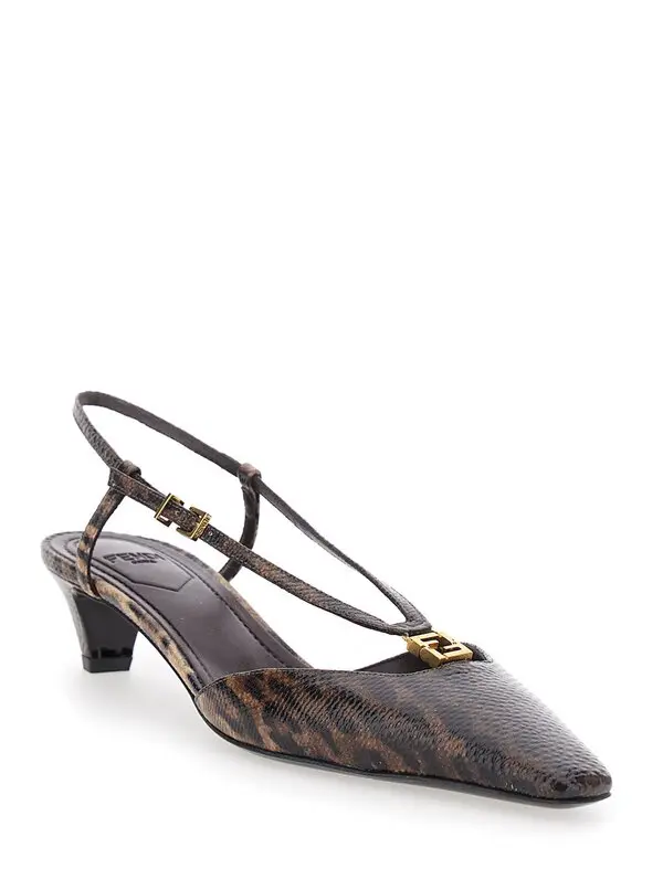 Fendi Leather Slingback Pumps With Square Toe And Animalier Motif - Brown