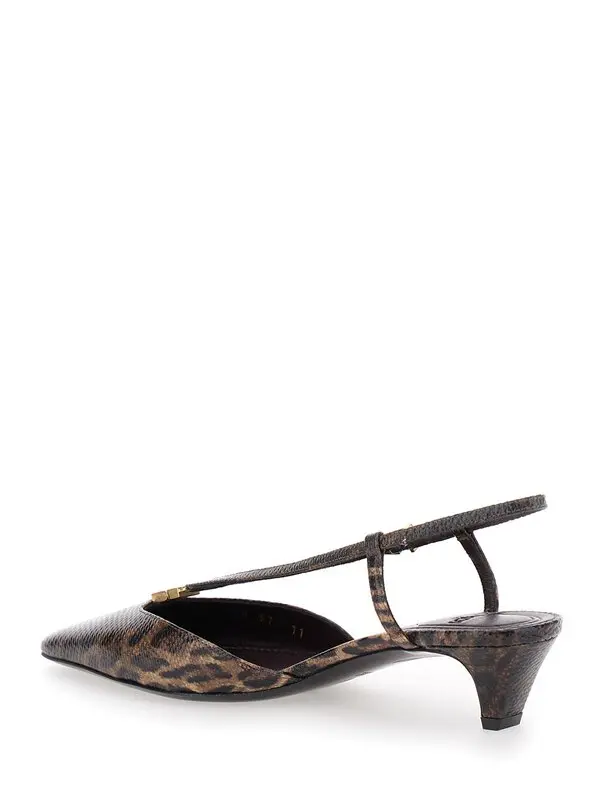 Fendi Leather Slingback Pumps With Square Toe And Animalier Motif - Brown