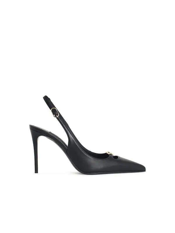 Dolce & Gabbana Leather Slingback Stiletto Heels With Metal Logo - Black
