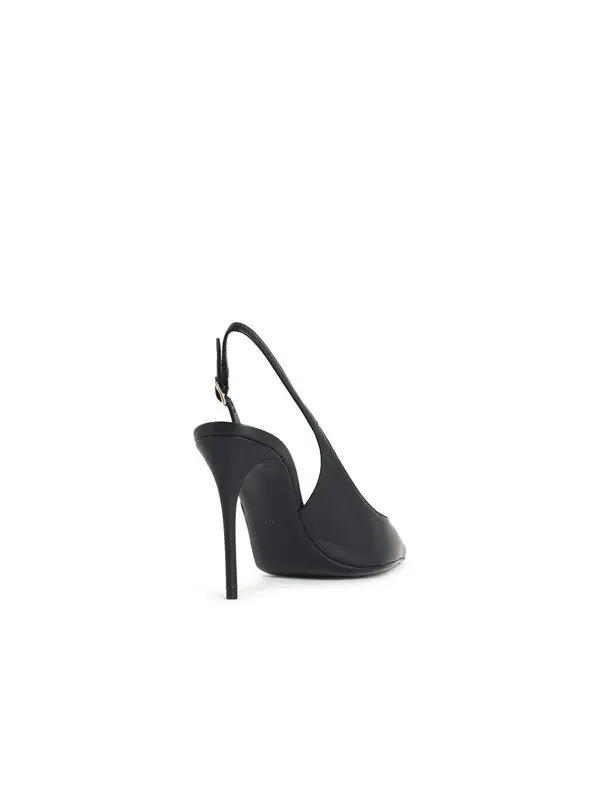 Dolce & Gabbana Leather Slingback Stiletto Heels With Metal Logo - Black