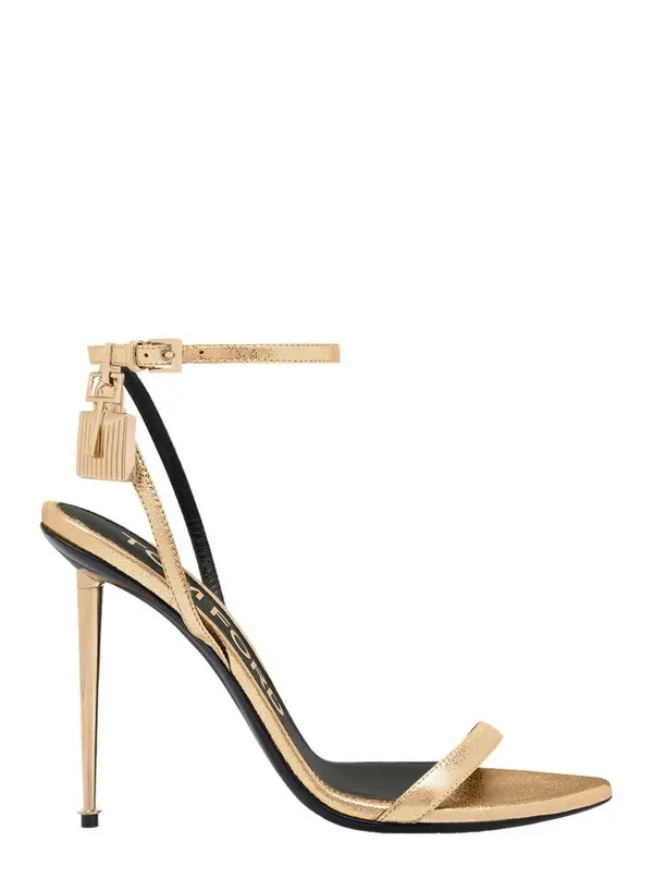 TOM FORD Gold Leather Stiletto Heel Sandals With Ankle Pendant - Silver
