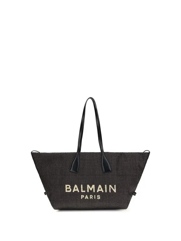 Balmain Track Shoulder Bag In Leather And Raffia