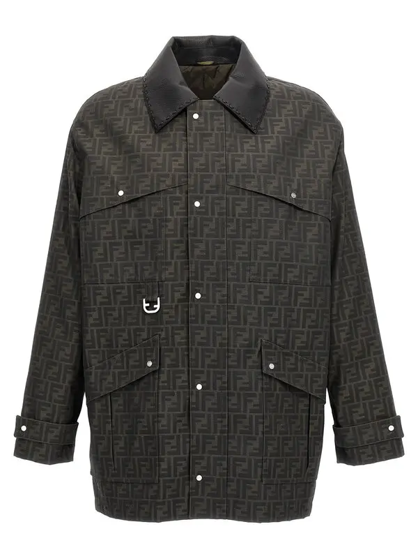 Fendi Ff Jacquard Waxed Fabric Jacket With Leather Collar - Brown
