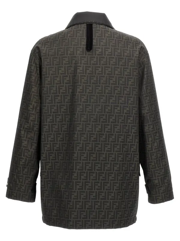 Fendi Ff Jacquard Waxed Fabric Jacket With Leather Collar - Brown