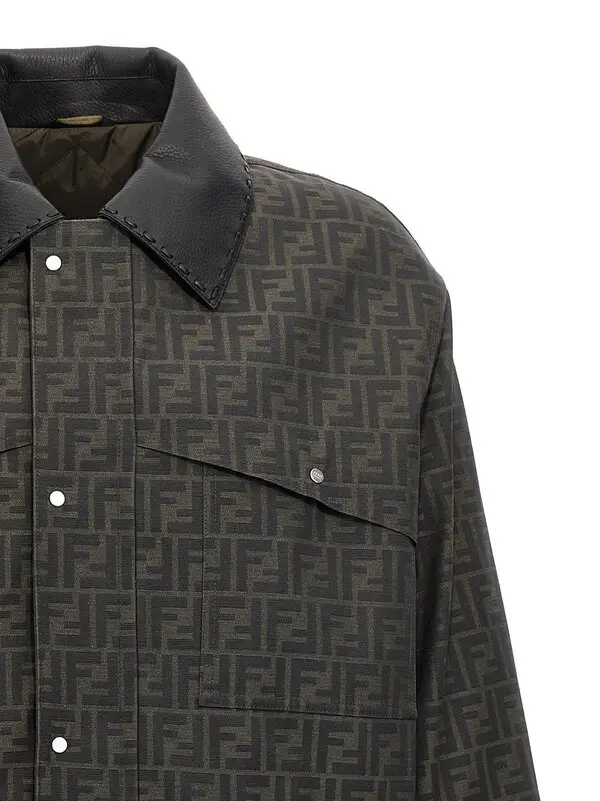 Fendi Ff Jacquard Waxed Fabric Jacket With Leather Collar - Brown
