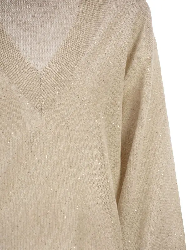 Brunello Cucinelli Long Sleeve Sequined V-neck Jumper - Cream