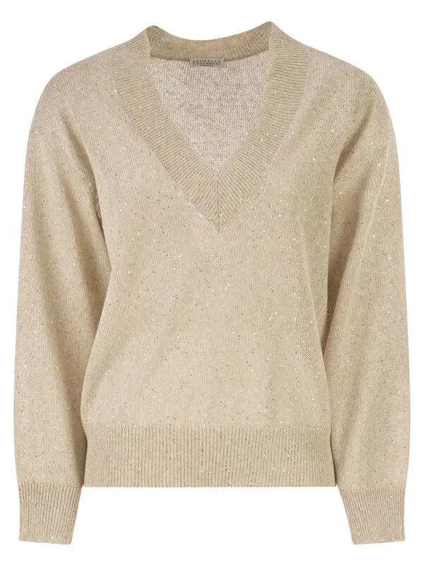 Brunello Cucinelli Long Sleeve Sequined V-neck Jumper - Cream