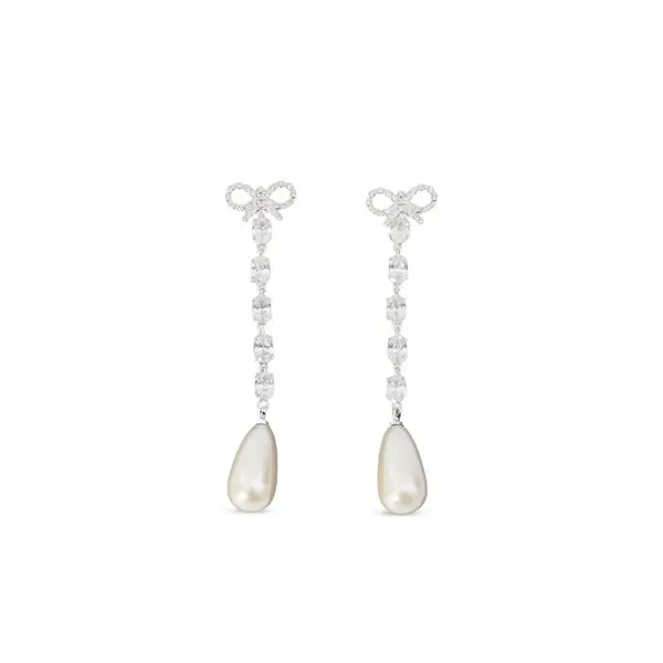 SELF-PORTRAIT Tone Crystal Embellished Bow Drop Earrings - Silver