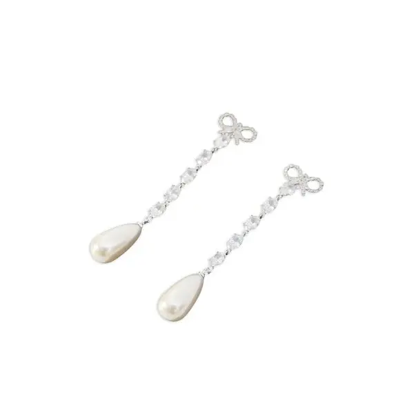 SELF-PORTRAIT Tone Crystal Embellished Bow Drop Earrings - Silver