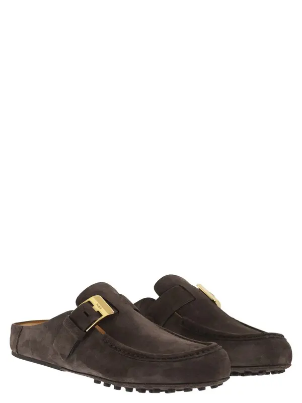 TOD'S Suede Sabot Loafers With Metal Buckle - Brown