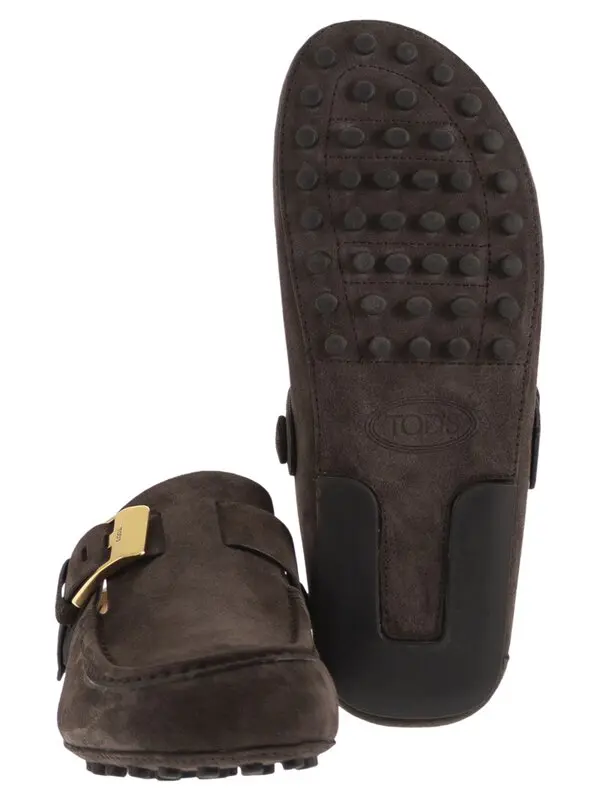 TOD'S Suede Sabot Loafers With Metal Buckle - Brown