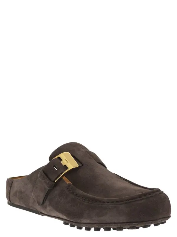 TOD'S Suede Sabot Loafers With Metal Buckle - Brown
