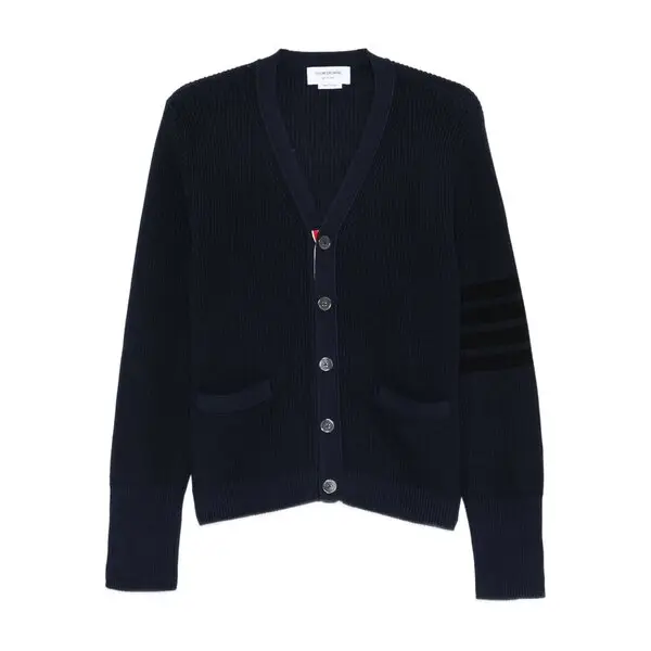 Thom Browne Navy Cotton V-neck Cardigan With Side Stripes - Blue
