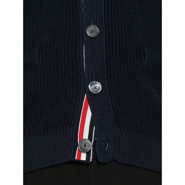 Thom Browne Navy Cotton V-neck Cardigan With Side Stripes - Blue