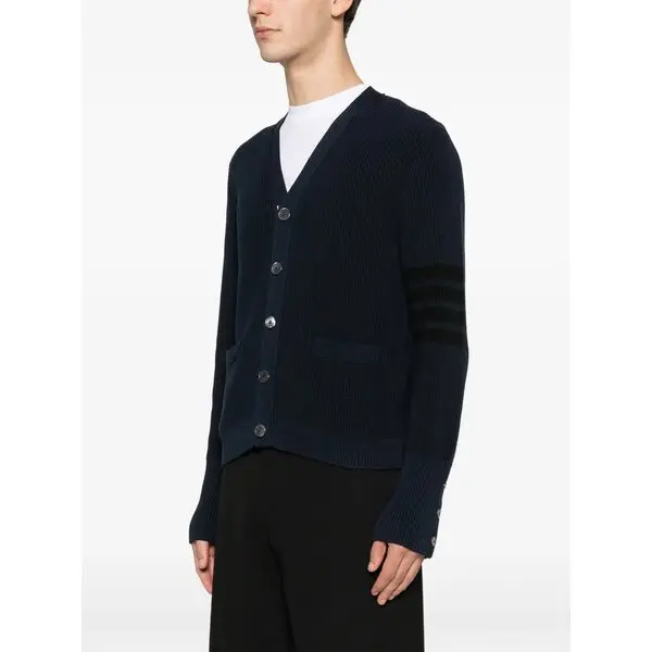 Thom Browne Navy Cotton V-neck Cardigan With Side Stripes - Blue