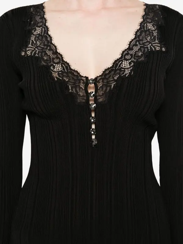 SELF-PORTRAIT Ribbed Lace Trim V-neck Sweater - Multicolor