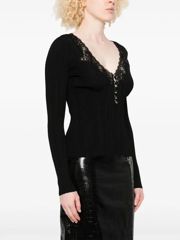 SELF-PORTRAIT Ribbed Lace Trim V-neck Sweater - Multicolor