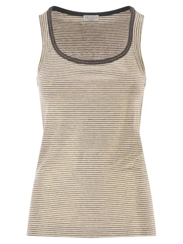 Brunello Cucinelli Linen Striped Crew Neck Top With Contrasting Trim And Necklace Detail