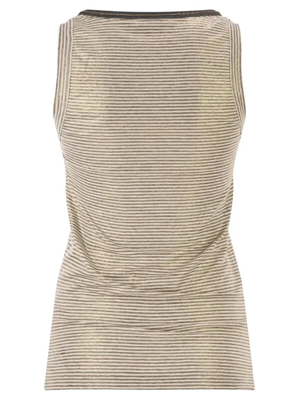 Brunello Cucinelli Linen Striped Crew Neck Top With Contrasting Trim And Necklace Detail
