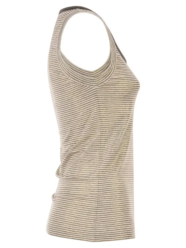 Brunello Cucinelli Linen Striped Crew Neck Top With Contrasting Trim And Necklace Detail