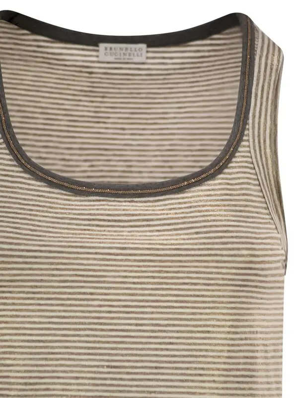 Brunello Cucinelli Linen Striped Crew Neck Top With Contrasting Trim And Necklace Detail