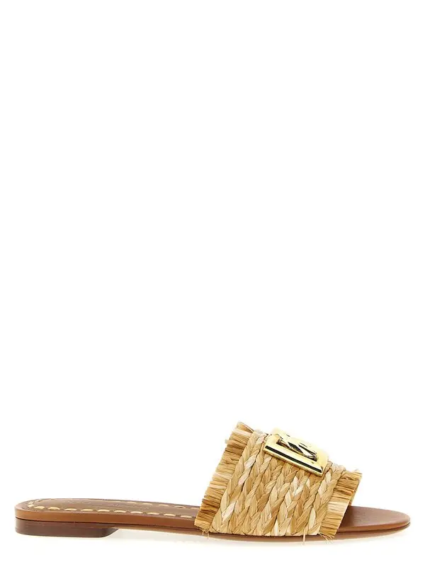 Dolce & Gabbana Raffia Braid Slides With Logo - Brown