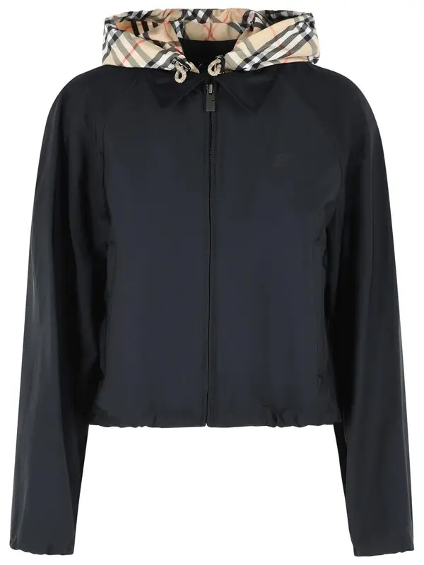 Burberry Cropped Polyamide Hooded Jacket With Equestrian Knight Design - Black