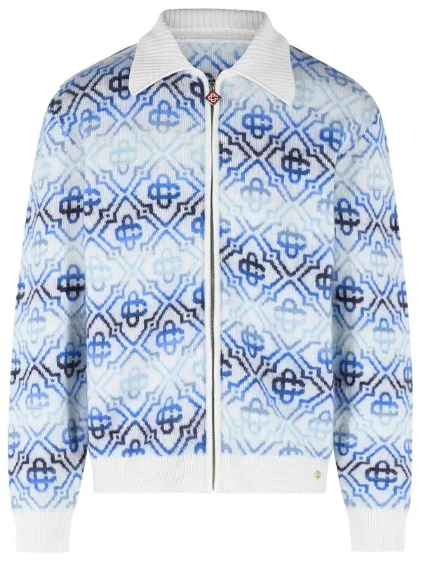 Casablanca Light Wool Blend Zip-up Sweater With Monogram Pattern - Blue