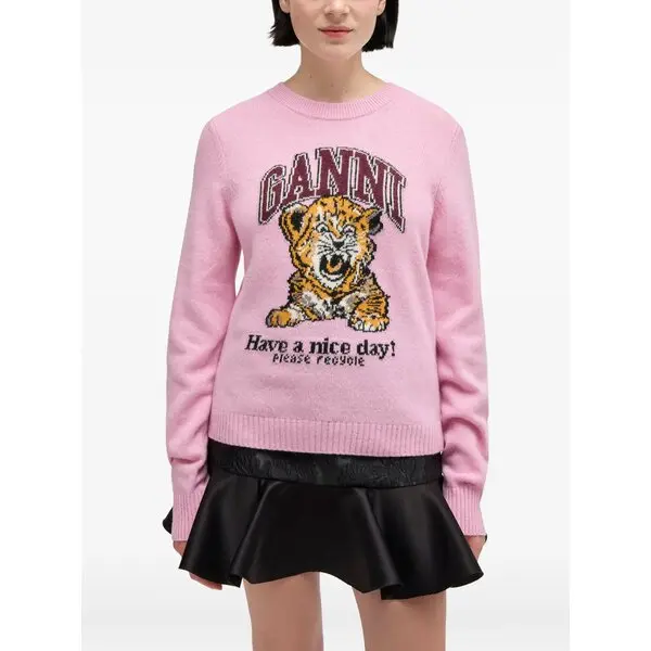 GANNI Graphic Print Crew Neck Long Sleeve Knit Jumper - Pink