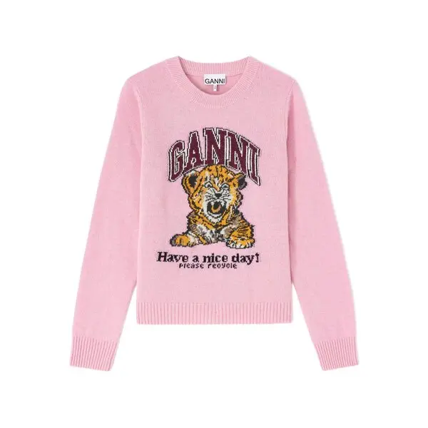 GANNI Graphic Print Crew Neck Long Sleeve Knit Jumper - Pink