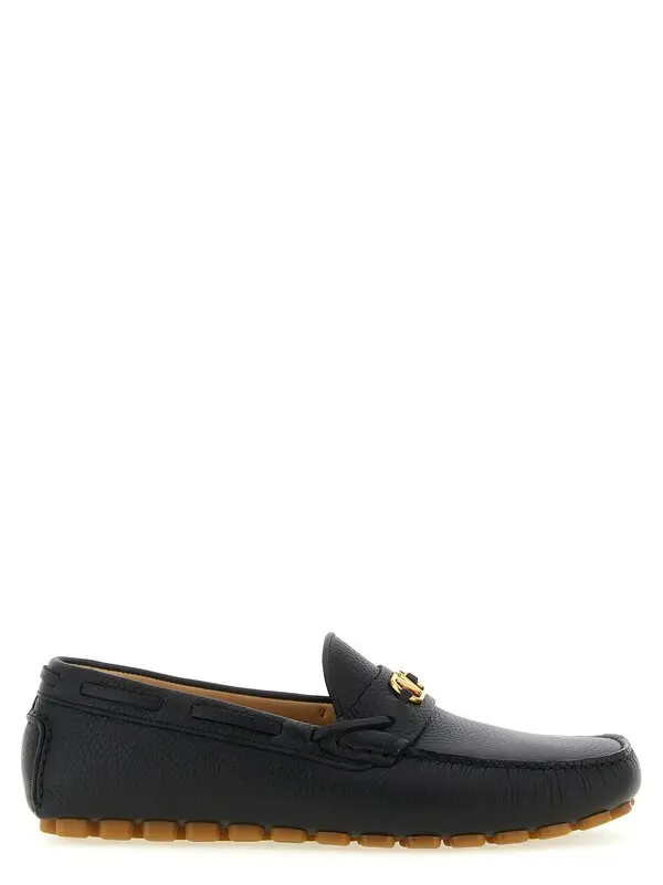 Valentino Garavani Hammered Leather Driver Fastaway Loafers With Vlogo Signature - Black