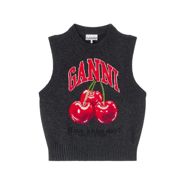 GANNI Sleeveless Knit Top With Cherry Detail - Gray