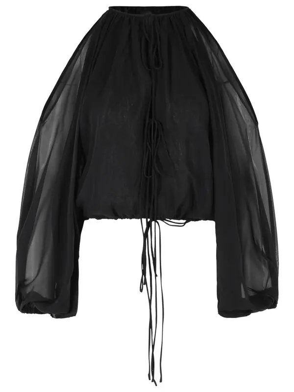 Andamane Silk Blouse With Lace Neck Closure And Wide Sleeves - Black