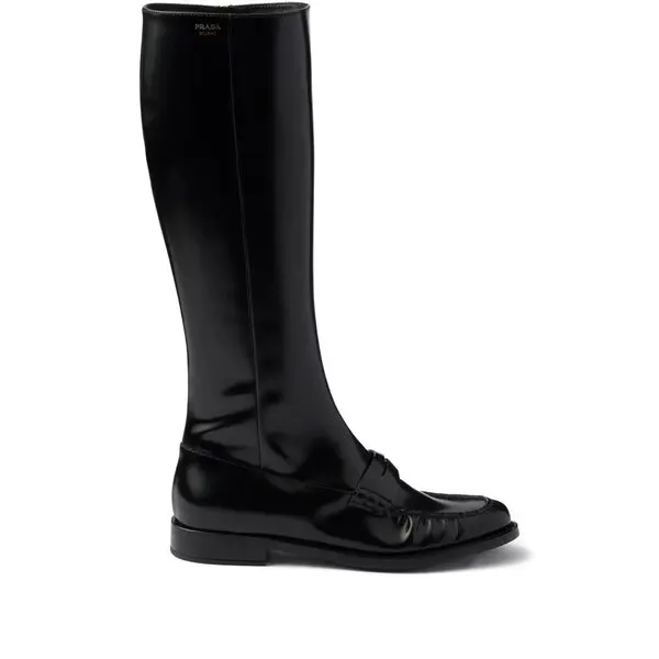 Prada Knee High Loafer Boots With Side Zip In Leather